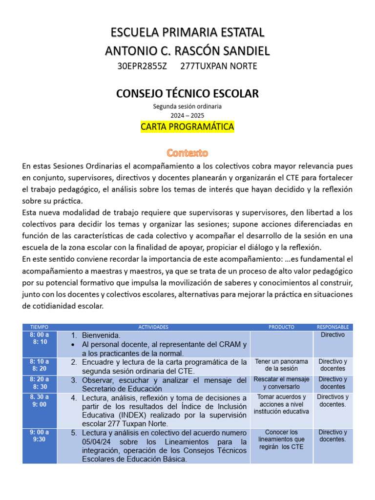 Carta Programatica de La Segunda Sesion Ordinaria Del Cte | PDF | Enseñando | Educación primaria