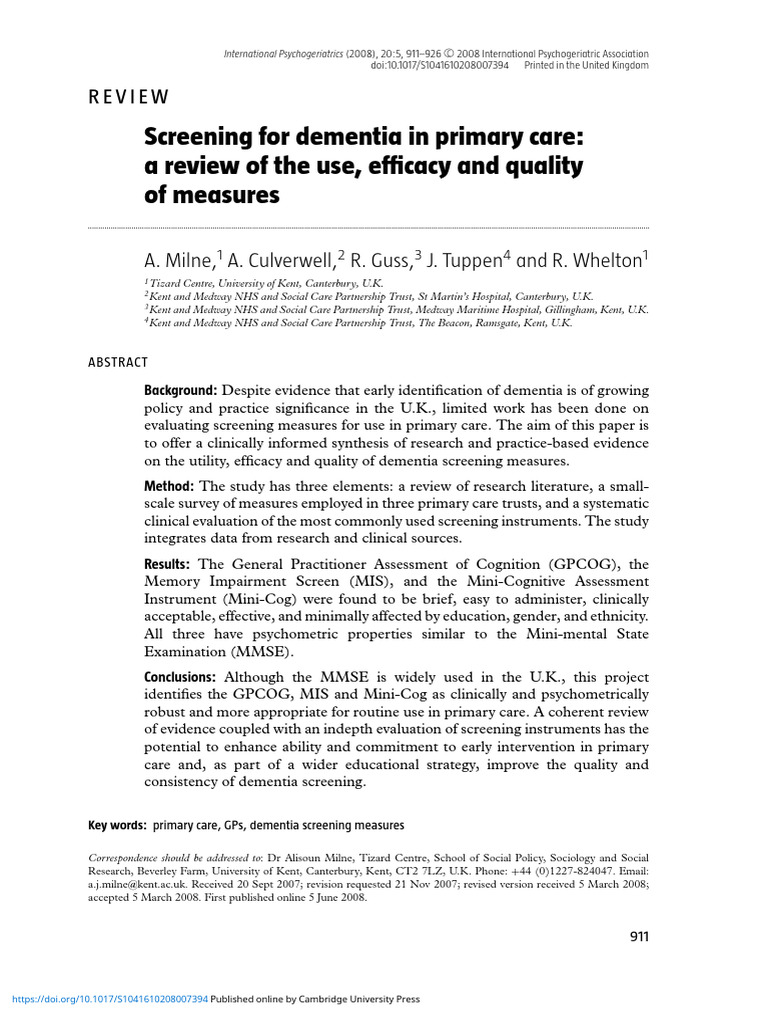 Screening For Dementia In Primary Care A Review Of The Use Efficacy And Quality Of Measures