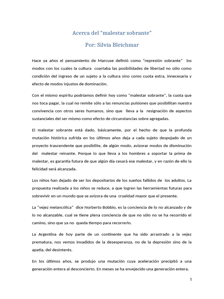 Malestar sobrante en psicoanálisis | PDF | Relaciones personales ...