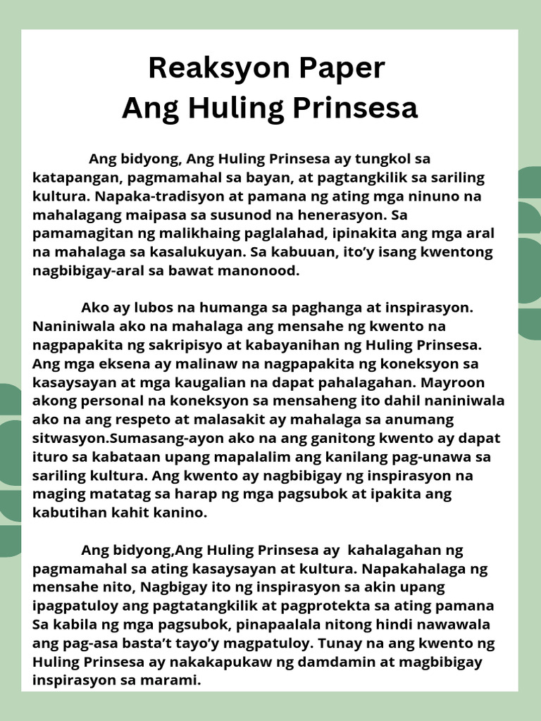 Reaksyon Paper Ang Huling Prinsesa | PDF