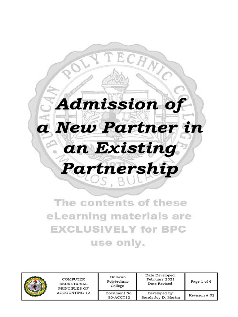 Admission of a New Partner in Accounting | PDF | Partnership | Goodwill ...