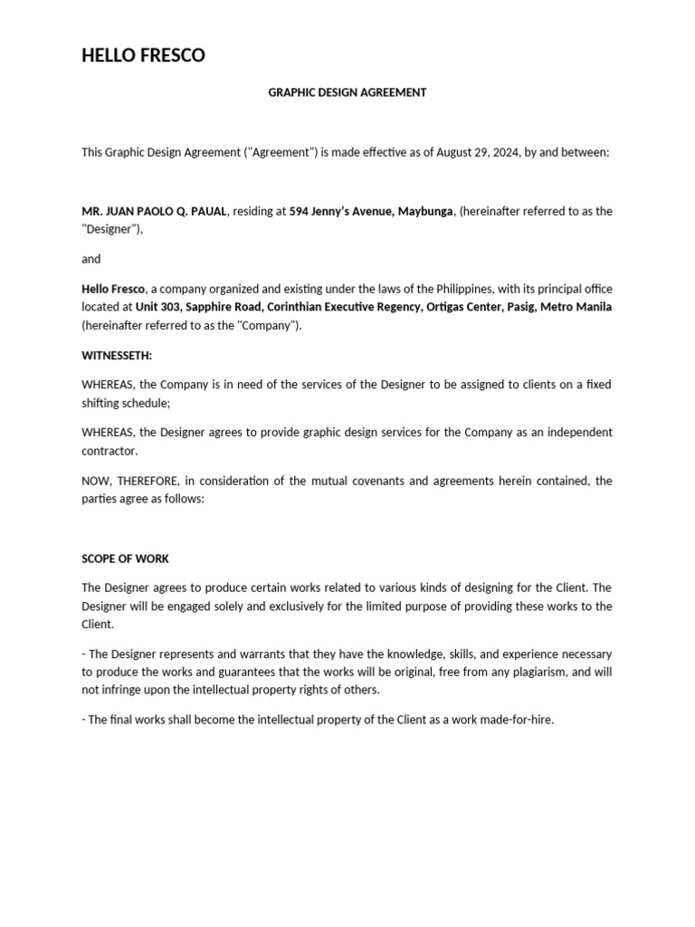 Graphic Design Agreement with Hello Fresco | PDF | Employment | Trade ...