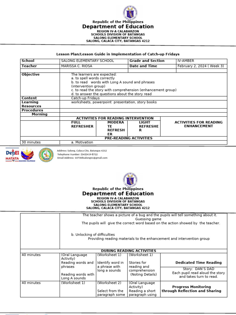 Lesson Plan for Catch-up Fridays | PDF | Cognitive Science | Education ...