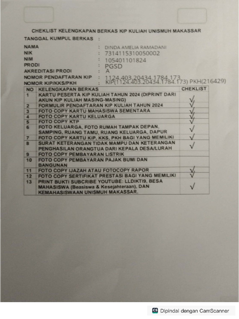 Berkas Kelengkapan KIP Kuliah Dinda Amelia Ramadani | PDF