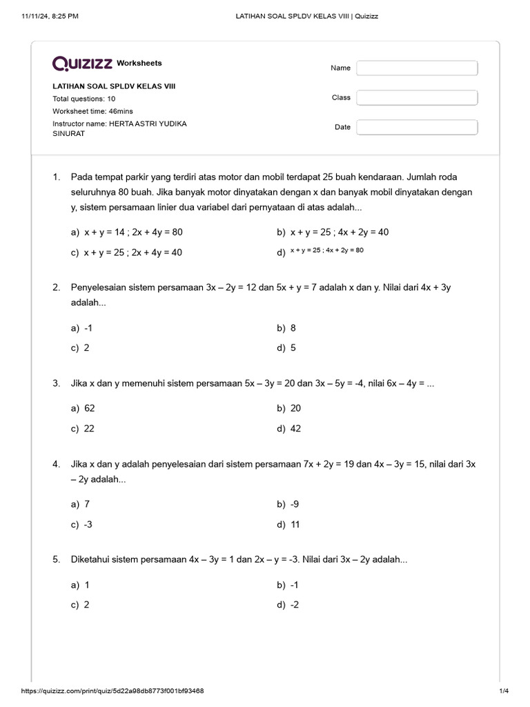 LATIHAN SOAL SPLDV KELAS VIII - Quizizz | PDF | Metode & Bahan Ajar