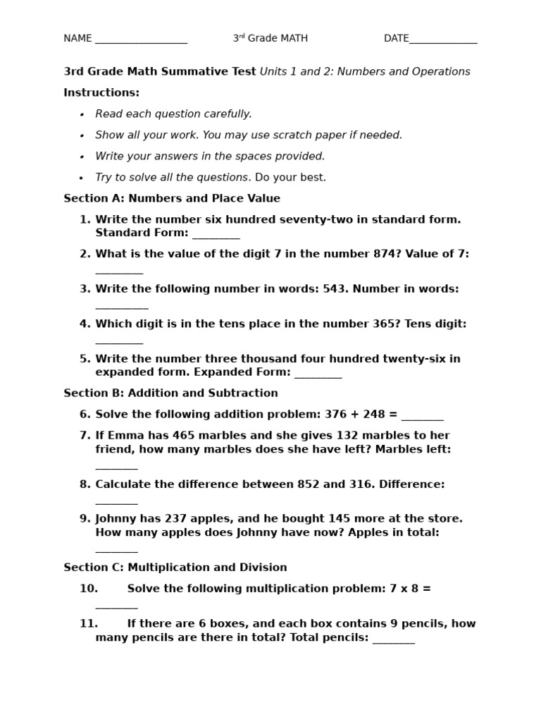 3rd Grade Math Summative Test Units 1 and 2 | PDF | Mathematics ...