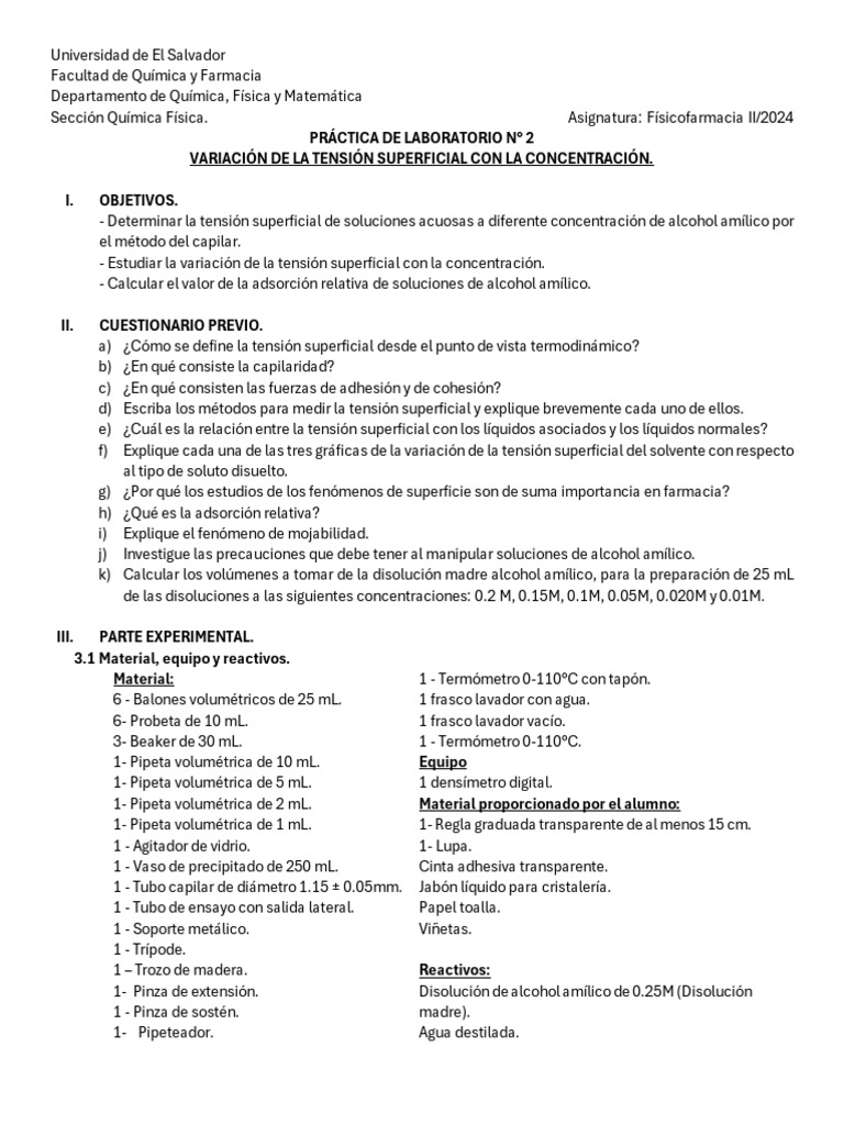Práctica de Laboratorio #2 QF Ii 2024 | PDF | Concentración | Tensión superficial