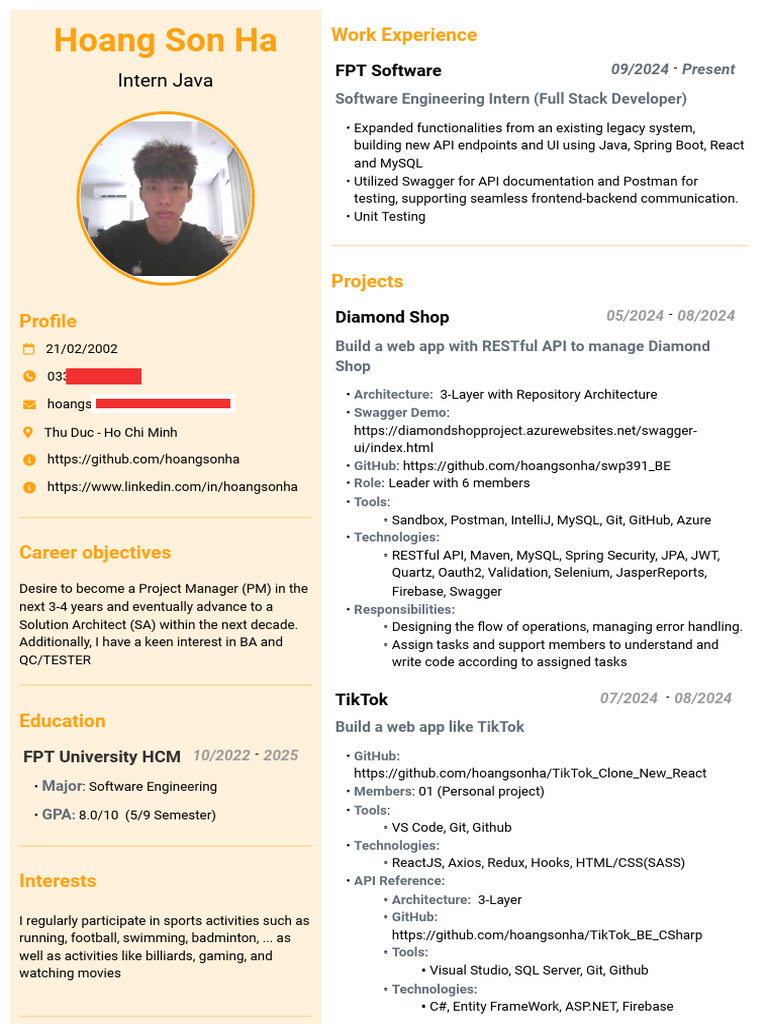 CV Hoang Son Ha - Fresher Java - Review | PDF | Net Beans | Applications & Software
