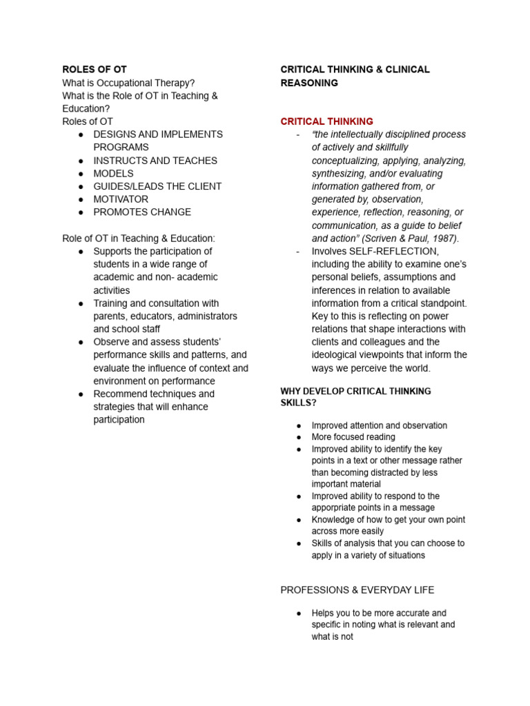 305 Notes Pdf Occupational Therapy Critical Thinking
