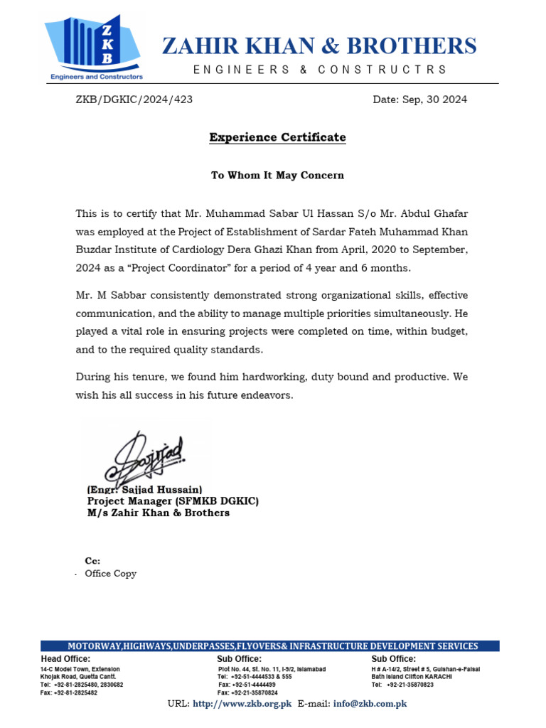 Experience Certificate for Project Coordinator | PDF
