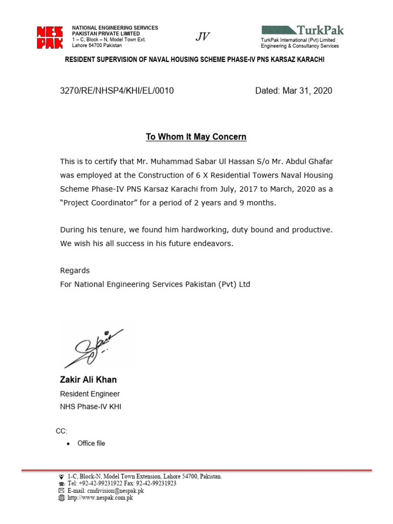 Sabar Experience Letter I NESPAK I PC I July 17 - Mar 20 | PDF ...