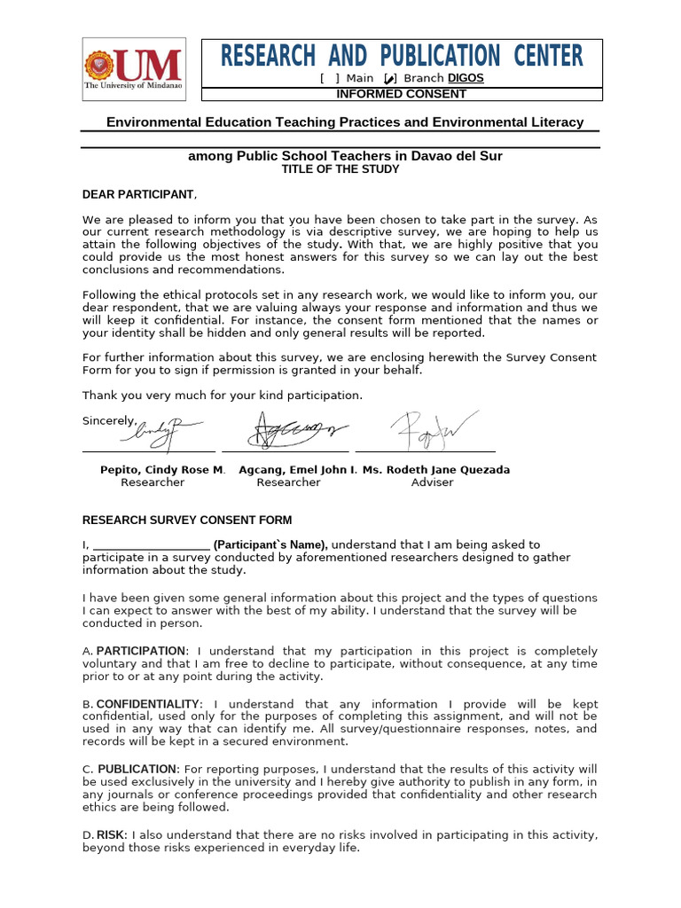 Environmental Literacy Survey Consent | PDF