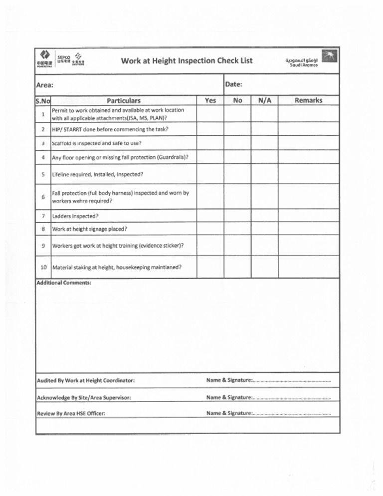 Work at Height Inspection Check List | PDF