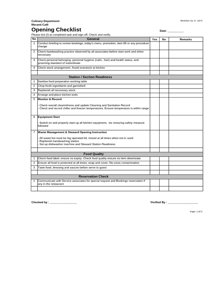 Opening And Closing Kitchen Checklist Kitchen Operations Checklist