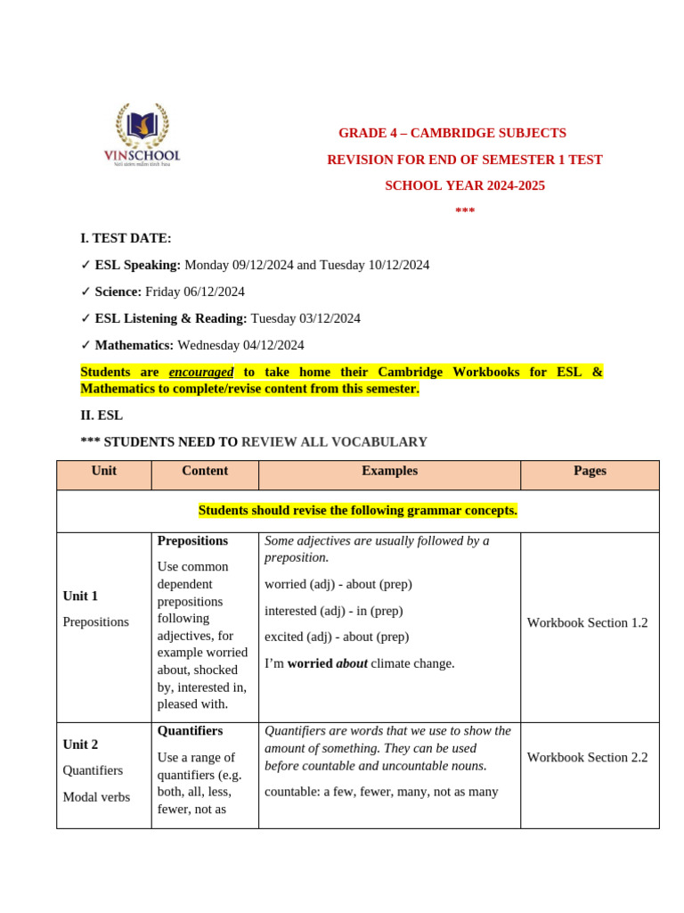 Grade 4 Revision Semester 1 | PDF | Verb | Adjective