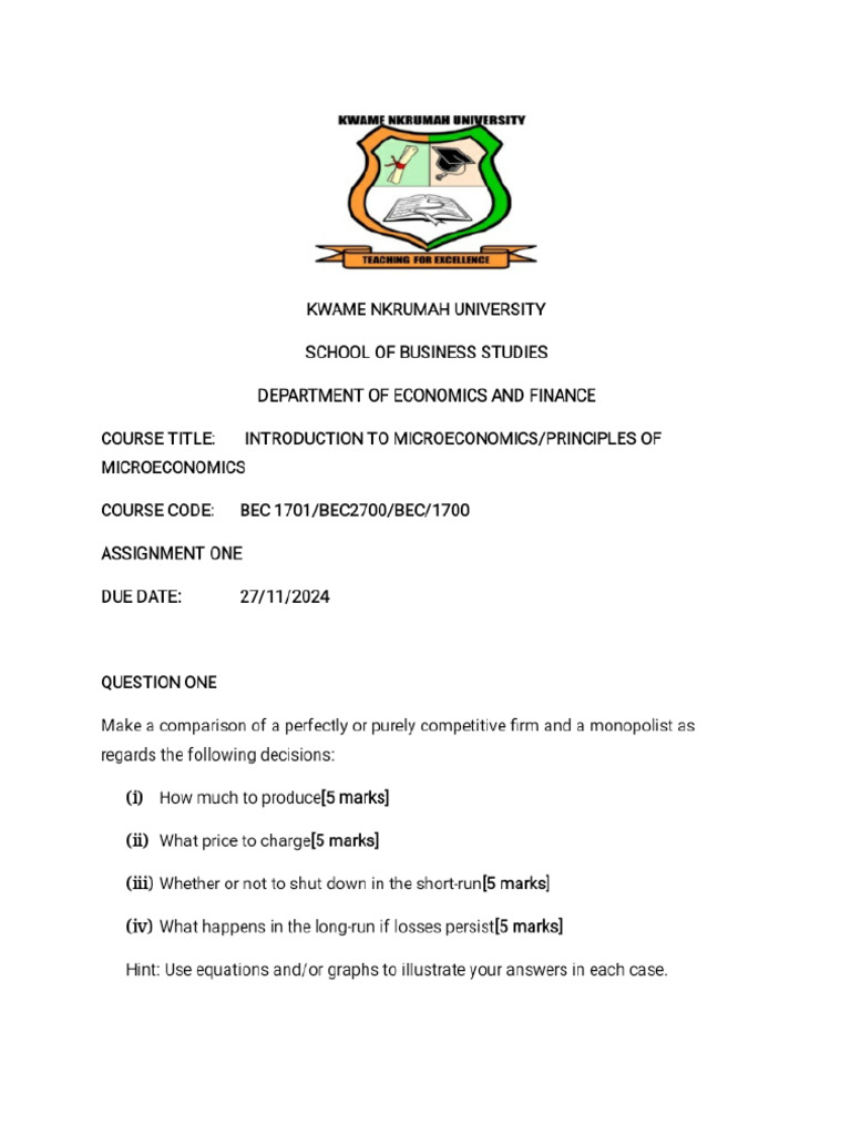 Introduction To Microeconomics Assignment One Pdf