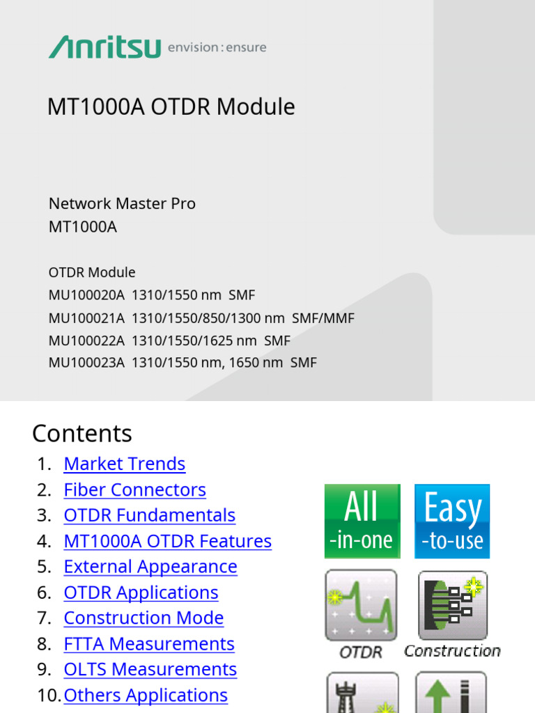 MT1000a OTDR Product Intro El1800 | PDF | Optical Fiber | Optics