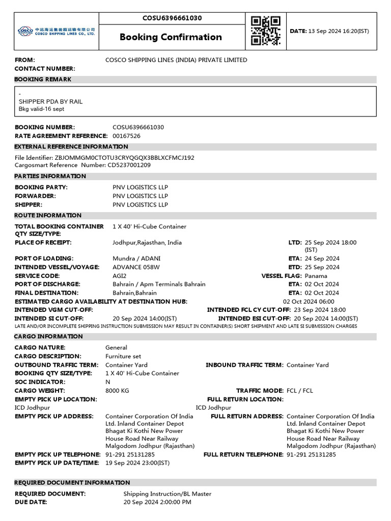 Booking Confirmation: COSU6396661030 | PDF | Cargo | Freight Transport