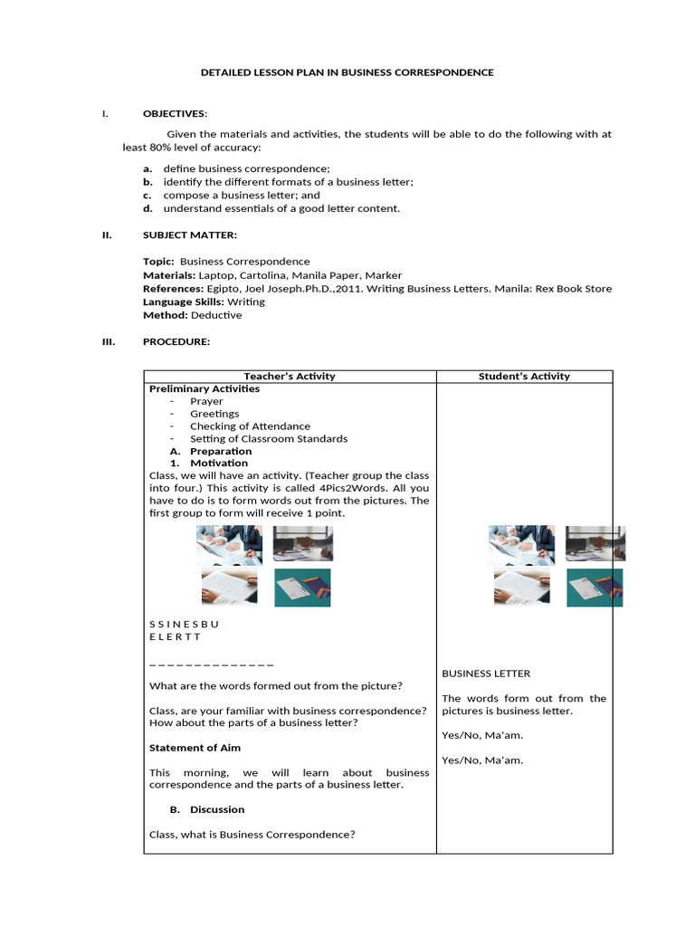 Detailed Lesson Plan in Business Correspondence | PDF | Lesson Plan ...