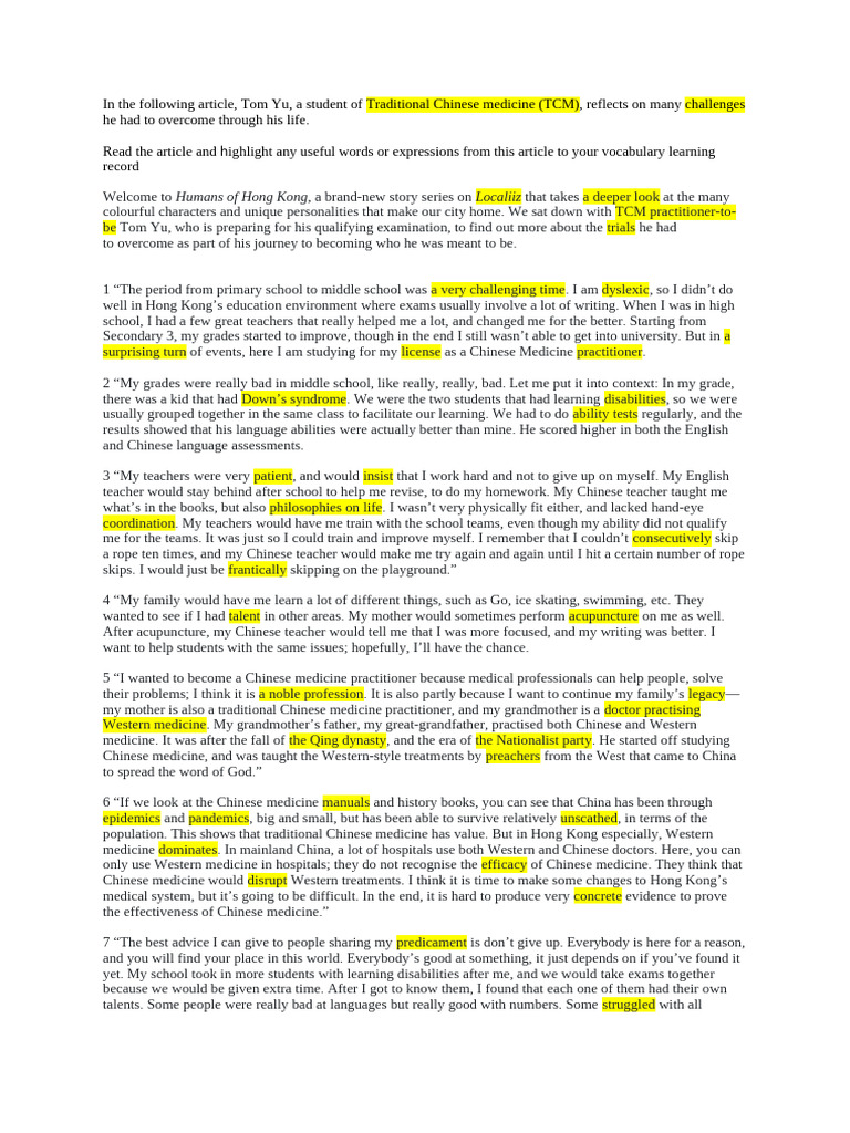 U1L3 Tom Yu Article | PDF | Traditional Chinese Medicine | Medicine