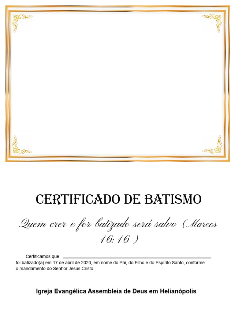 Certificado de Batismo Evangélico - Modelo 01 | PDF | Religião e Espiritualidade