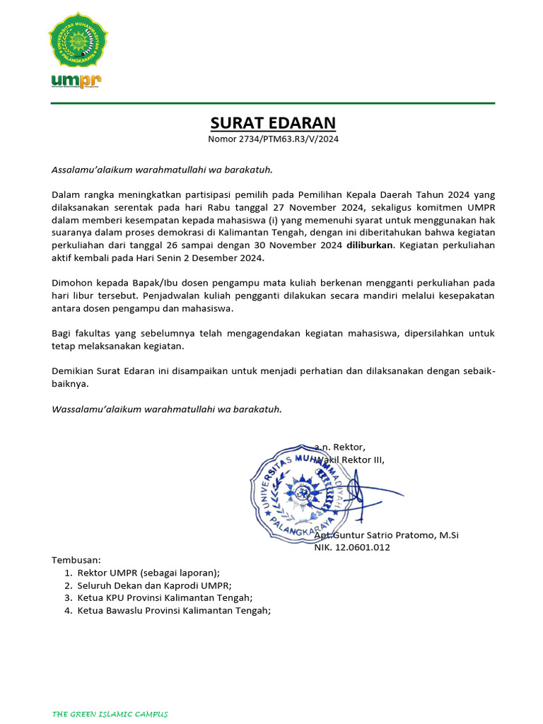 Surat Edaran Libur Perkuliahan | PDF