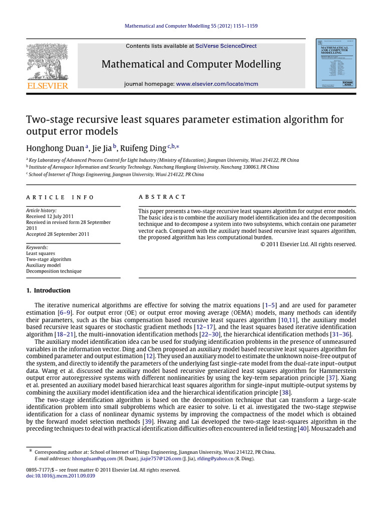 Two Stage Recursive Least Squares Parameter Estimat - 2012 - Mathematical and Co | PDF | Least ...