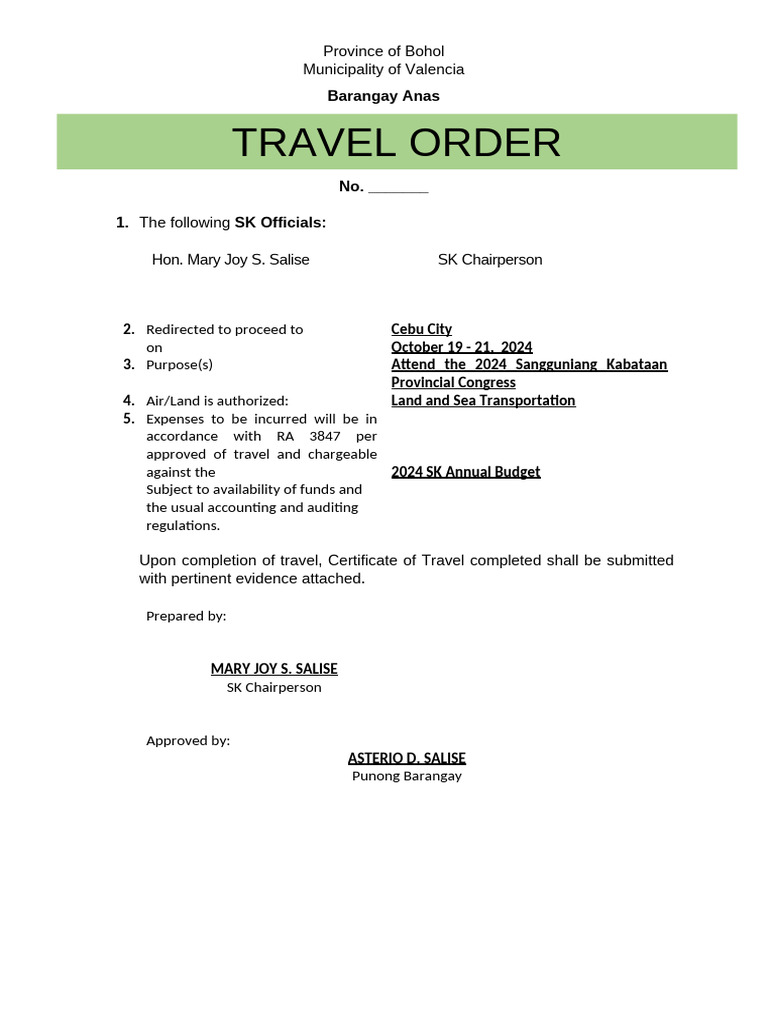 Travel Order | PDF