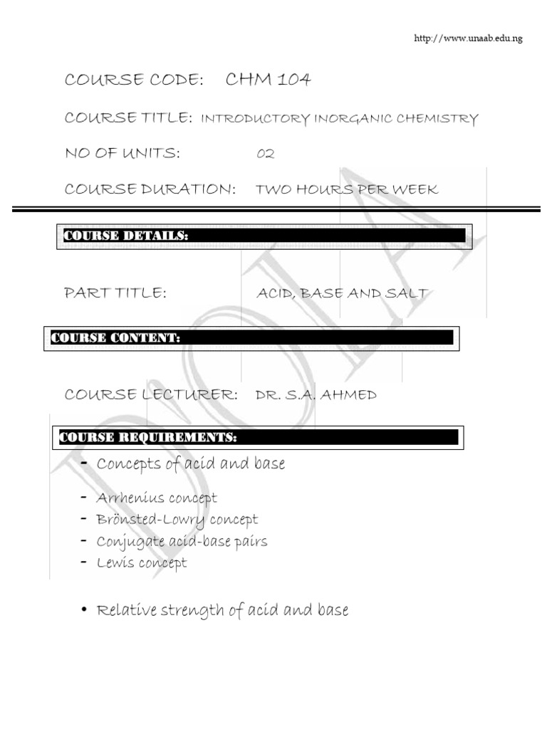 CHM 104 Introductory Inorganic Chemistry | PDF | Acid | Chemical Compounds