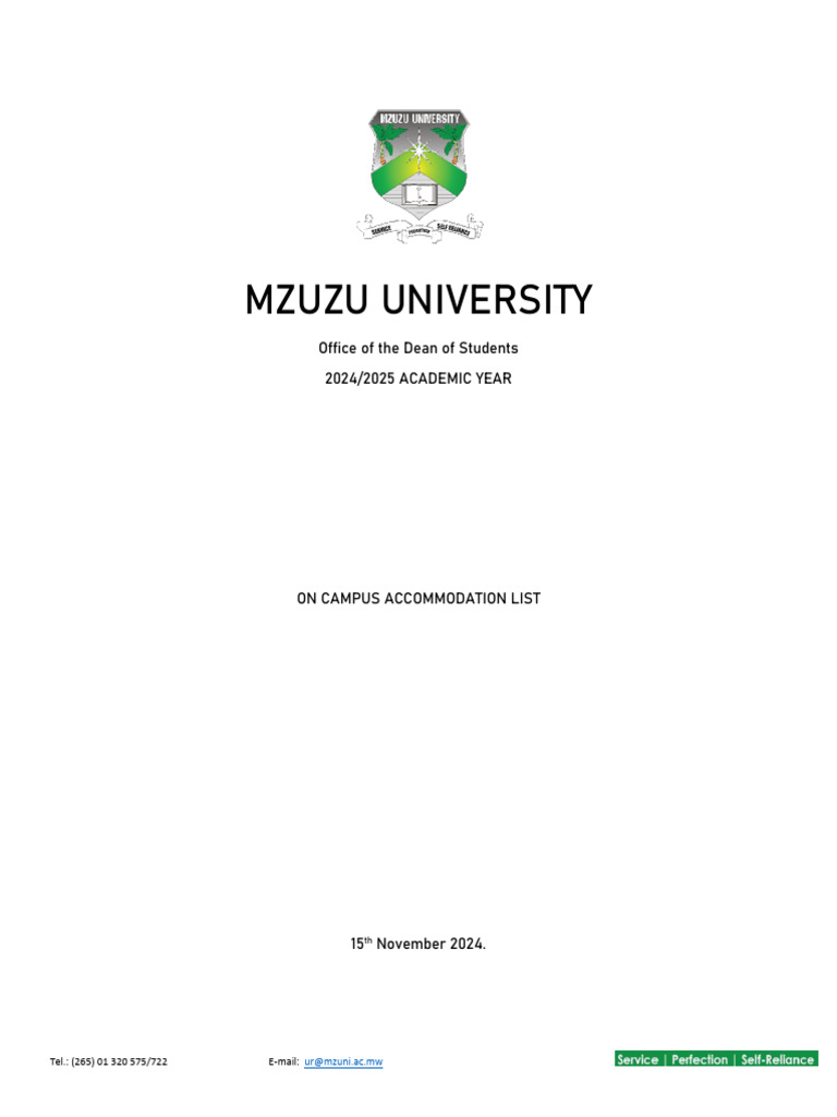 Mzuzu University 2024/2025 Accommodation List | PDF