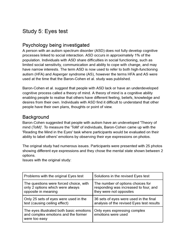Eyes Test (Baron Cohen Et Al) | PDF | Theory Of Mind | Autism Spectrum
