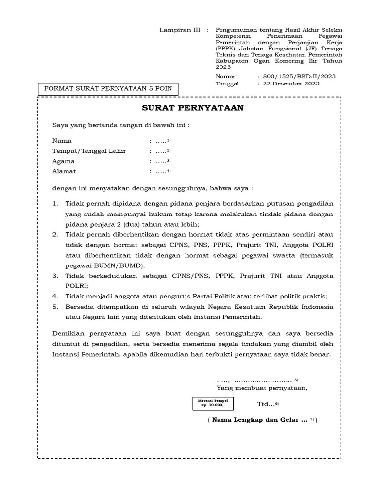 Lampiran III - Surat Pernyataan 5 Poin | PDF