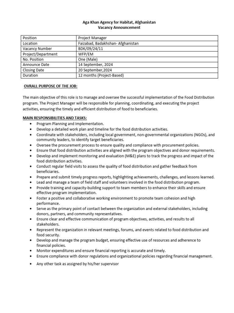 Job Announcement-Project Manager | PDF | Project Management | Leadership