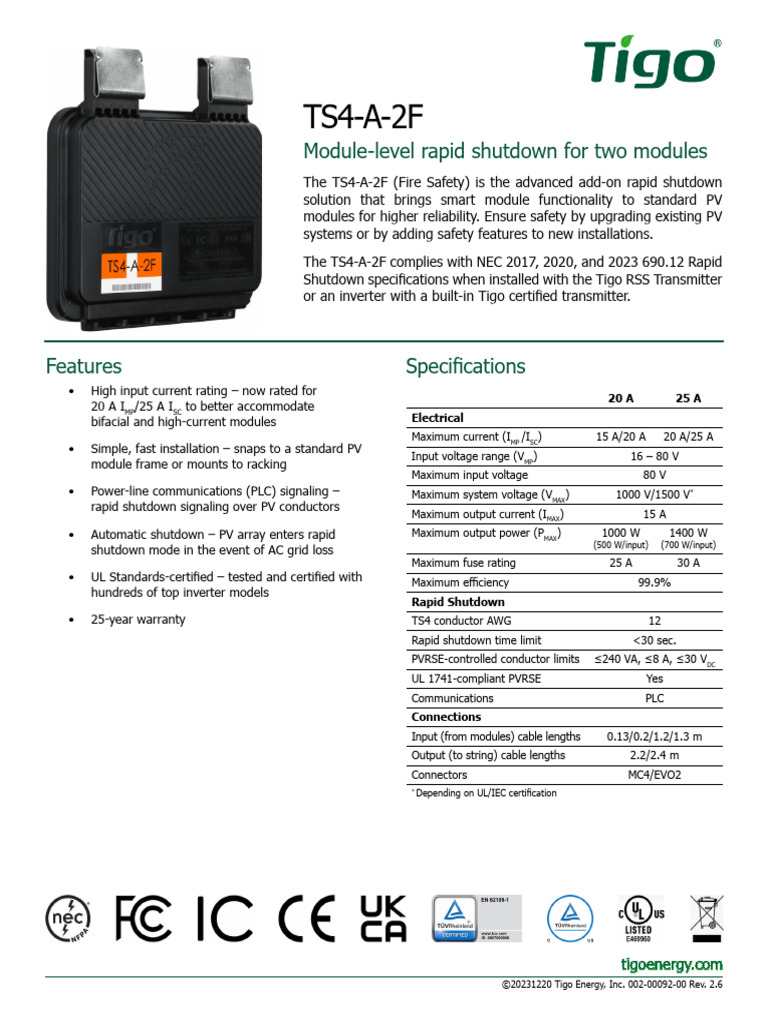 TS4-A-2F Rapid Shutdown Specs | PDF | Photovoltaics | Electromagnetism