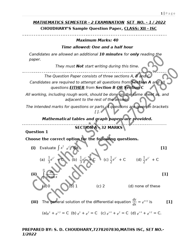 TEST PAPER-1 XII Math SEM 2 | PDF | Fertilizer | Applied Mathematics