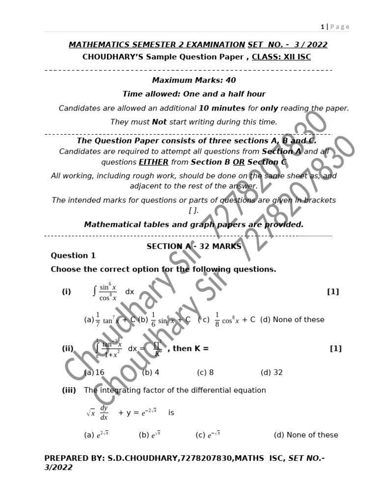 TEST PAPER-3 XII Math SEM 2 | PDF | Mathematical Analysis ...