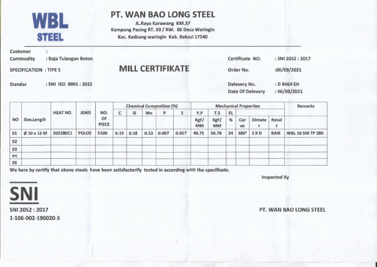 Sertifikat Beton 10 Polos WBL | PDF