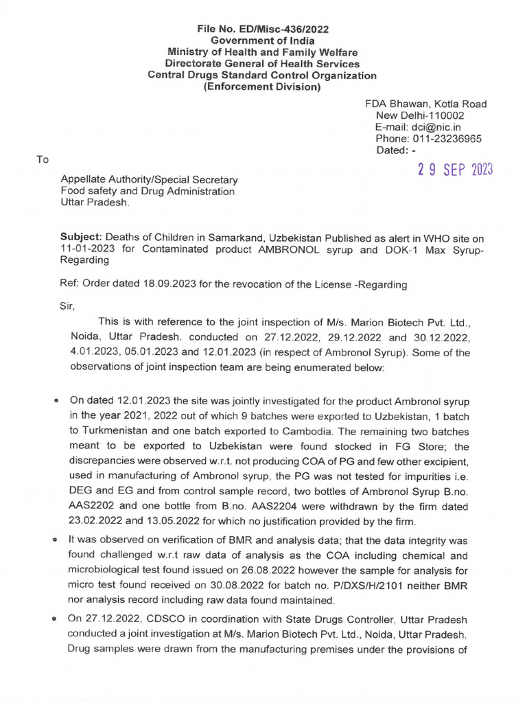 Annx 3 DCGI Letter To Appl Authority Dated 29.09.2023 | PDF