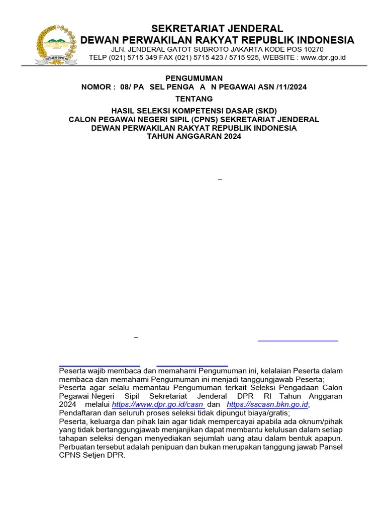 Pengumuman Hasil SKD 2024 Sekjen DPR RI | PDF