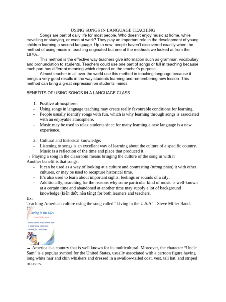 Using Songs in Language Teaching | PDF | Learning | Vocabulary