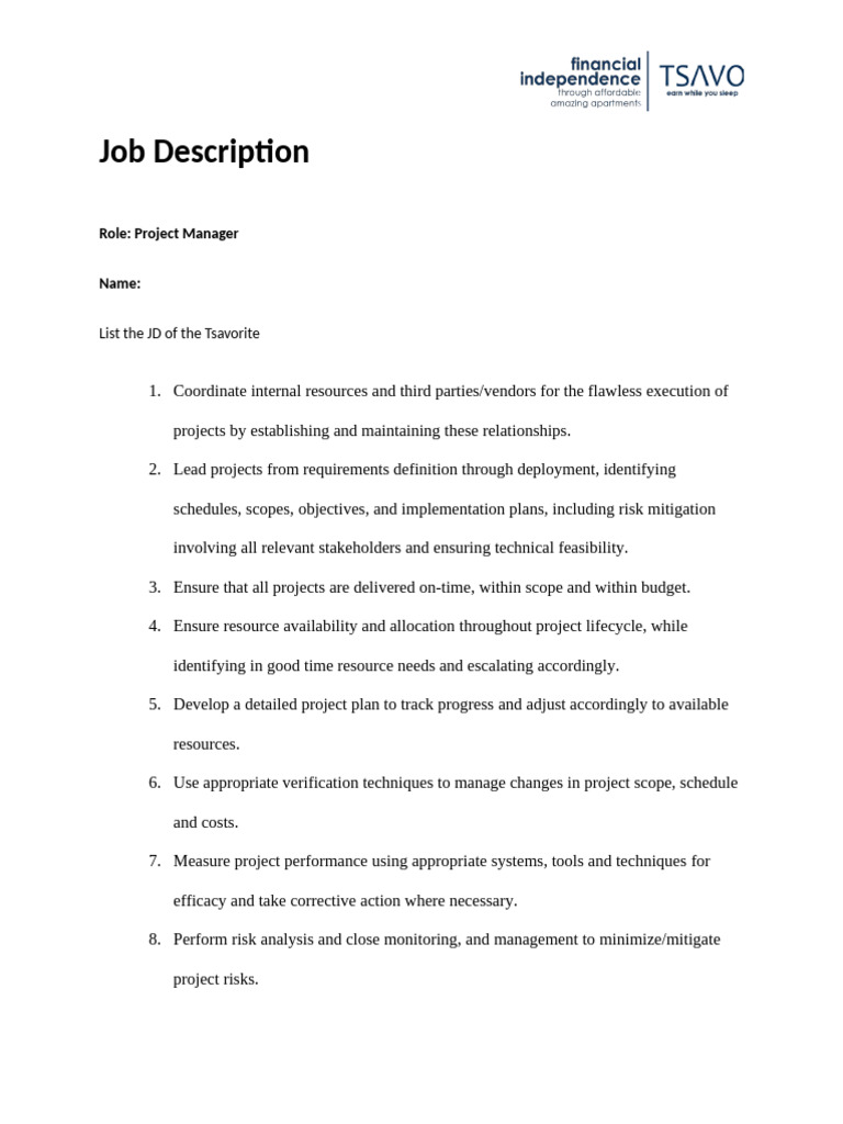 Job Description & KPI's - Project Manager | PDF | Business