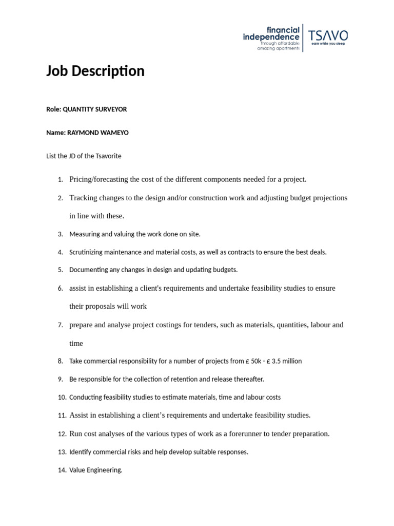Job Description & KPI's-QS | PDF