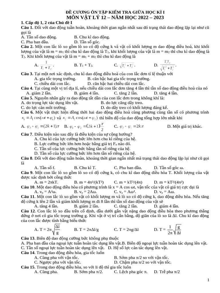 Gui Hs 12 de Cuong Giua Ki 1 - Li 12 | PDF