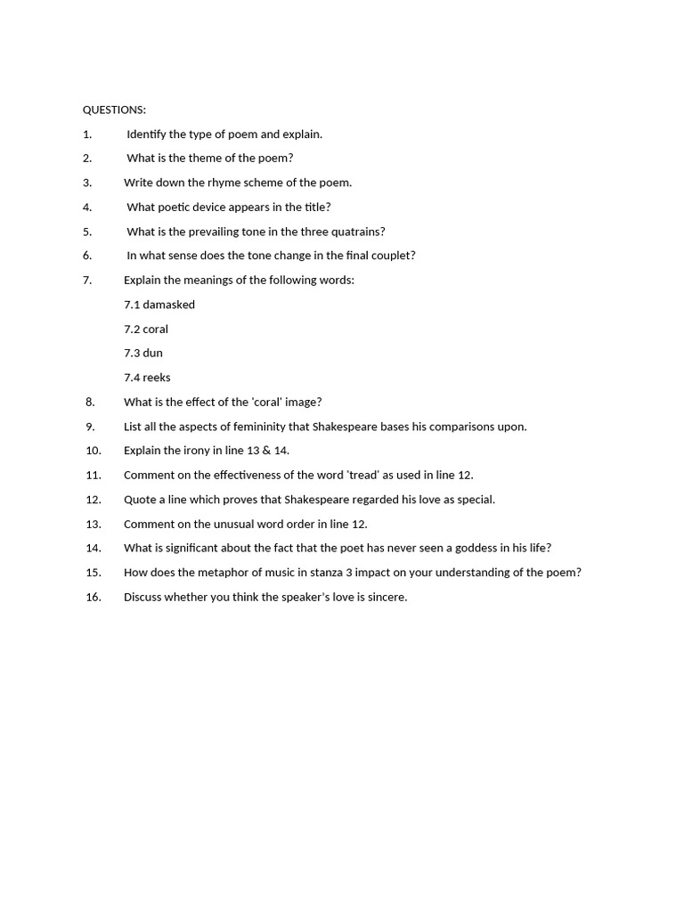 Sonnet 130 Analysis Questions | PDF | Art | Poetry