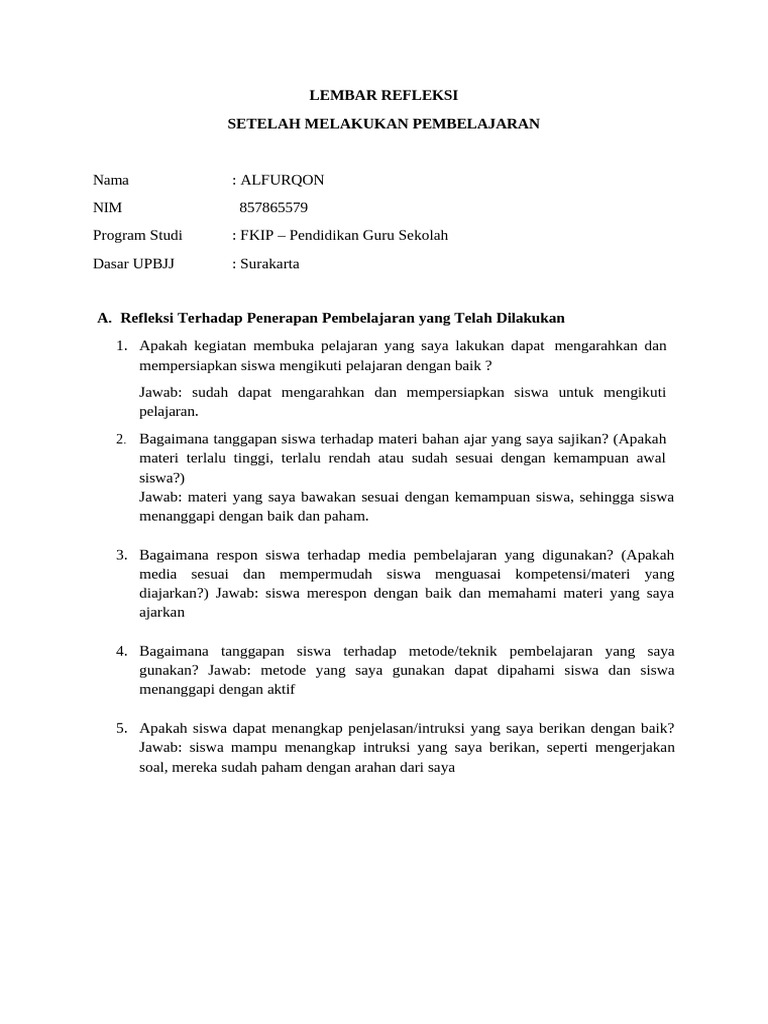 Format Lembar Refleksi Setelah Mengajar | PDF