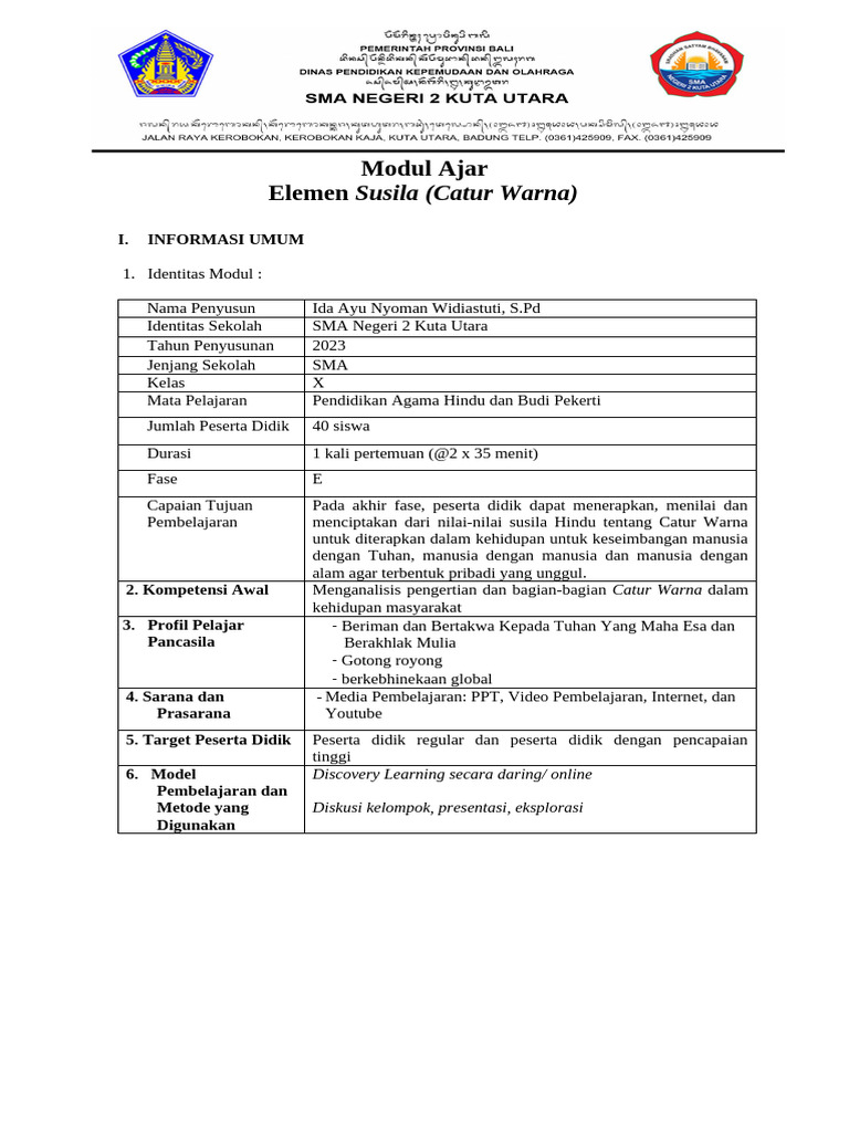 Modul Ajar Elemen Susila (Catur Warna) | PDF
