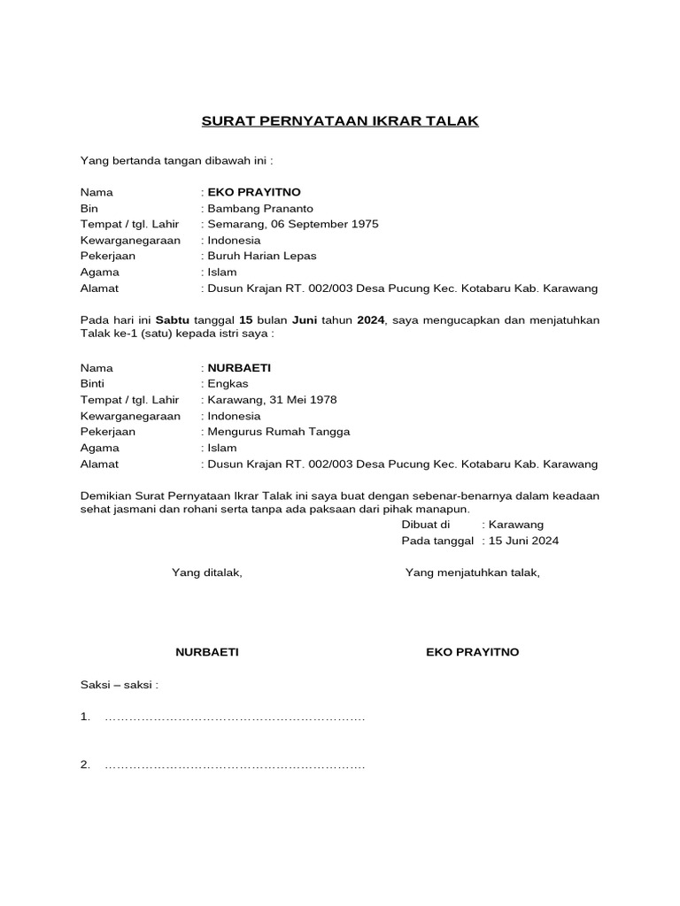 Surat Talak Eko Prayitno 2024 | PDF