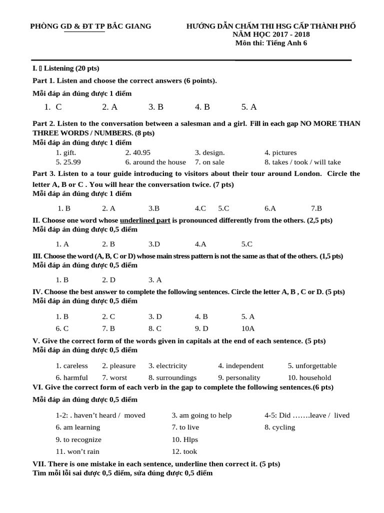 Dap An HSG Anh 6 | PDF