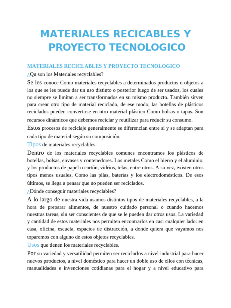 Materiales Recicables y Proyecto Tecnologico | PDF | Residuos | El plastico