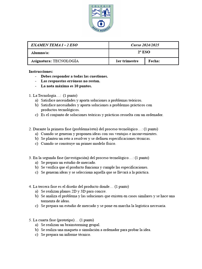 Examen Tema 1 Proy Tecnolog 2ESO | PDF | Diseño | Ingeniería